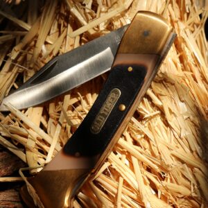 Old Timer 7OT Cave Bear Traditional Lockback Pocket Knife with 3.9in High Carbon Stainless Steel Blade, Sawcut Handles, and Leather Belt Sheath for Hunting, Camping, Whittling, EDC, and Outdoors