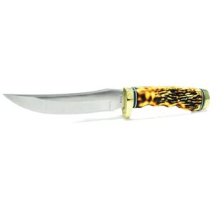 uncle henry 153uh golden spike fixed blade knife with 5in high carbon s.s. blade, staglon handle, sharpening stone, full tang, and leather sheath for hunting, skinning, camping, and outdoors