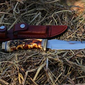 Uncle Henry 153UH Golden Spike Fixed Blade Knife with 5in High Carbon S.S. Blade, Staglon Handle, Sharpening Stone, Full Tang, and Leather Sheath for Hunting, Skinning, Camping, and Outdoors