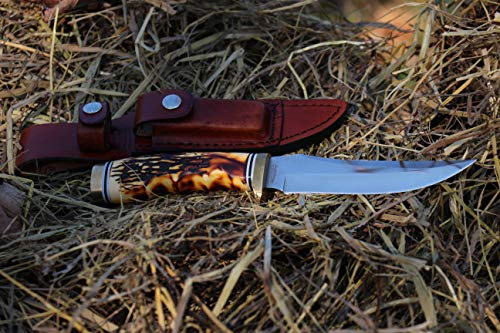 Uncle Henry 153UH Golden Spike Fixed Blade Knife with 5in High Carbon S.S. Blade, Staglon Handle, Sharpening Stone, Full Tang, and Leather Sheath for Hunting, Skinning, Camping, and Outdoors