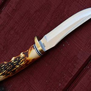 Uncle Henry 153UH Golden Spike Fixed Blade Knife with 5in High Carbon S.S. Blade, Staglon Handle, Sharpening Stone, Full Tang, and Leather Sheath for Hunting, Skinning, Camping, and Outdoors