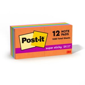 post-it super sticky notes, 3x3 in, 2x the sticking power, assorted bright colors, recyclable (pack of 12)