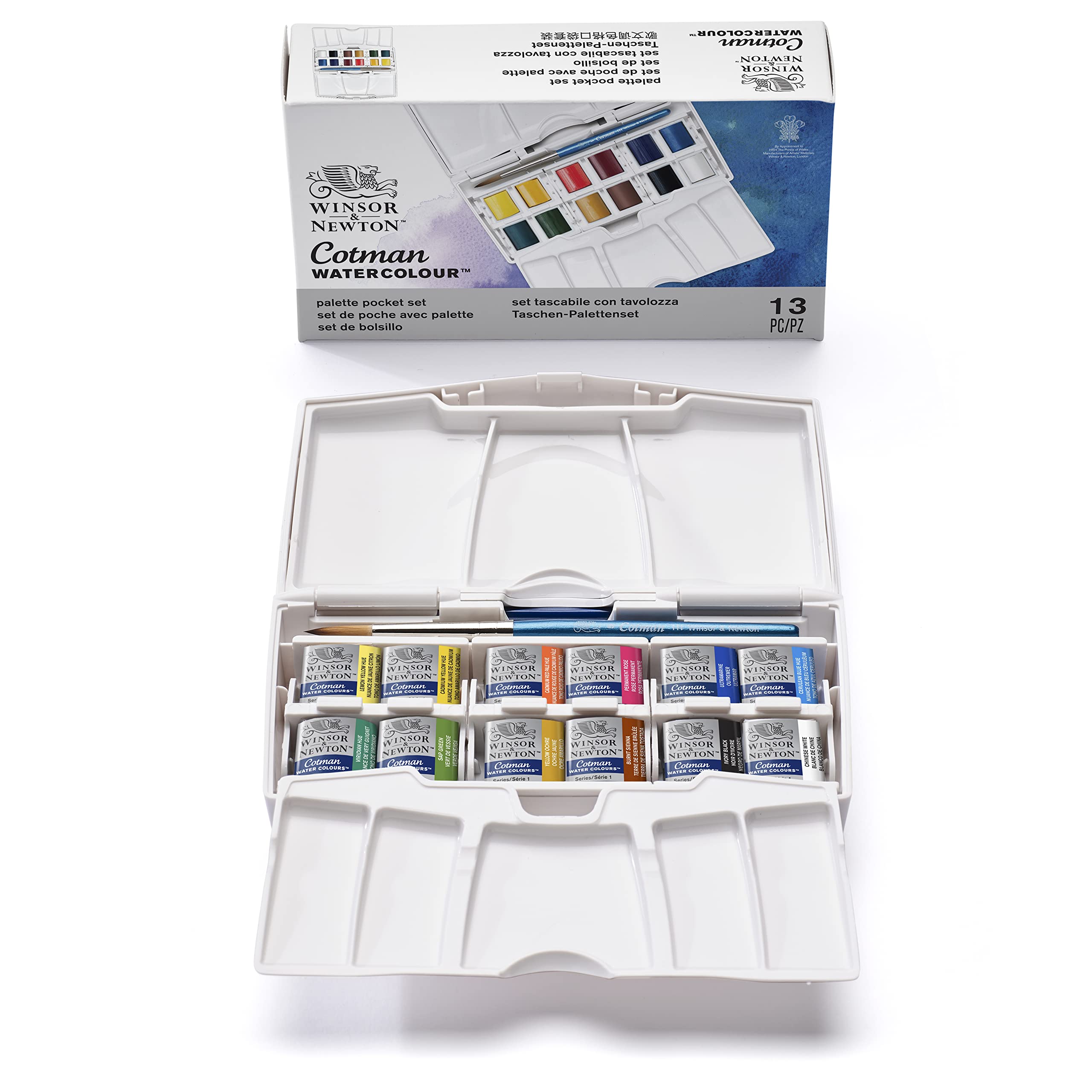 Winsor & Newton Cotman Watercolor Paint Set, Palette Pocket Set, 12 Half Pan w/ Brush