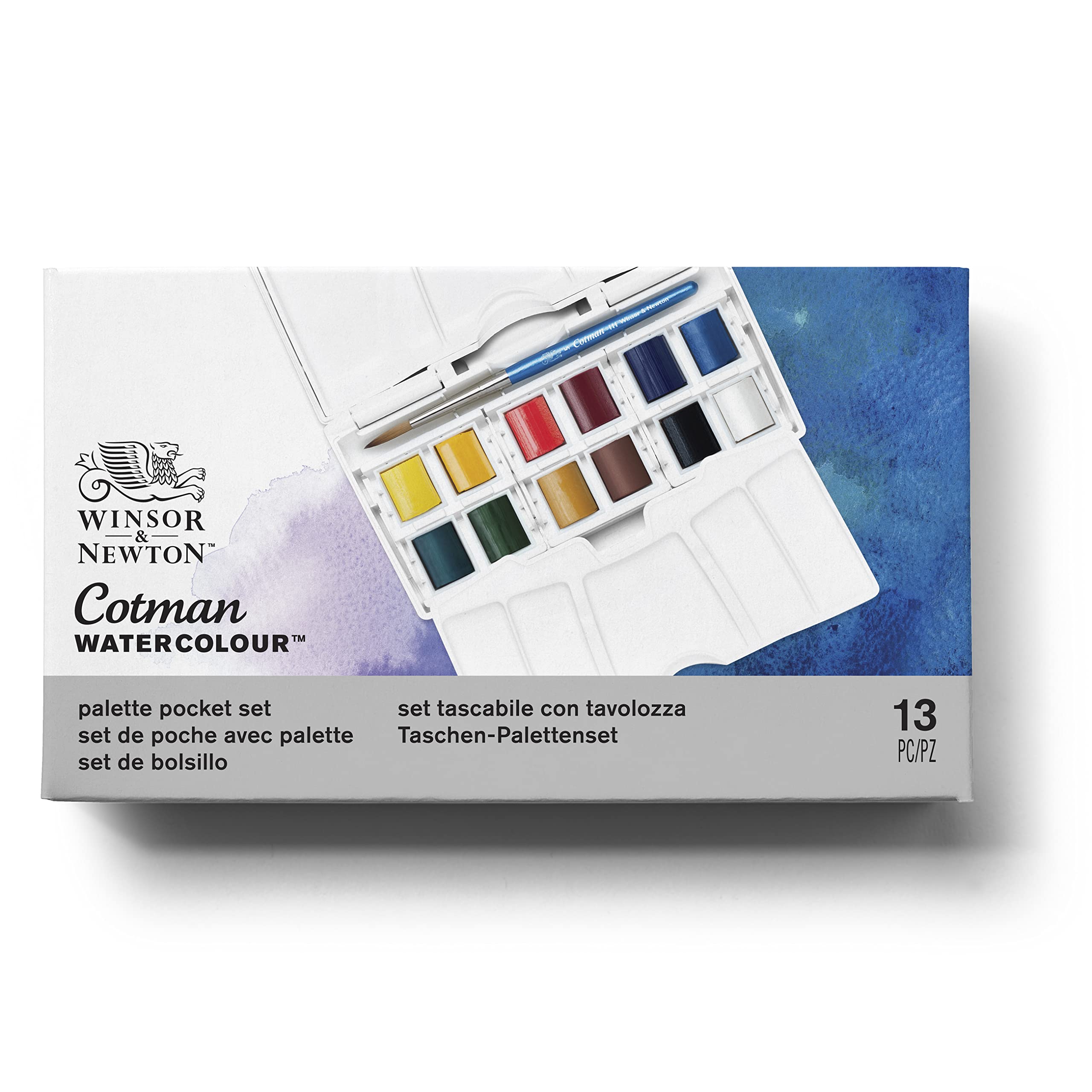 Winsor & Newton Cotman Watercolor Paint Set, Palette Pocket Set, 12 Half Pan w/ Brush