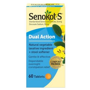 senokot-s dual action 60 tablets, natural vegetable laxative ingredient plus stool softener tablets, gentle dependable overnight relief of occasional constipation white