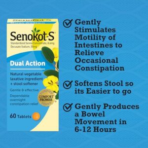 Senokot-S Dual Action 60 Tablets, Natural Vegetable Laxative Ingredient Plus Stool Softener Tablets, Gentle Dependable Overnight Relief Of Occasional Constipation White