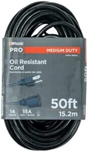 woods 982452 50-foot sjtow agricultural outdoor heavy duty all- weather extension cord, oil resistant vinyl jacket, versatile use, powerful 15 amps, 125 volts, 1,875 watt extension cord, black