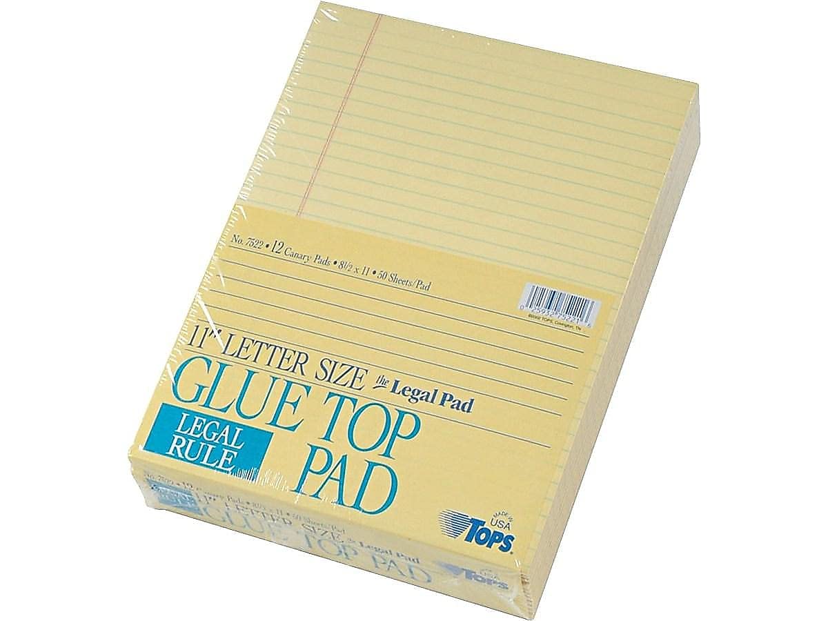 TOPS 7522 The Legal Pad Glue Top Pads, Legal/Wide, 8 1/2 x 11, Canary, 50 Sheets (Pack of 12)