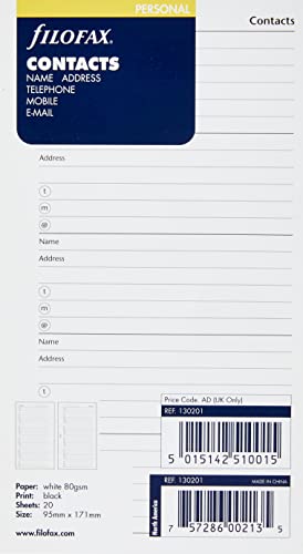 FILOFAX Name/Address/Telephone Refill for Personal & Personal Compact Size, 20 Sheets, White (B130201)