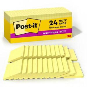 post-it super sticky notes, 24 sticky note pads, 3 x 3 in., school supplies, office products, sticky notes for vertical surfaces, monitors, walls and windows, canary yellow