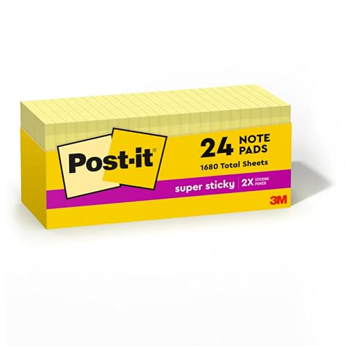 Post-it Super Sticky Notes, 24 Sticky Note Pads, 3 x 3 in., School Supplies, Office Products, Sticky Notes for Vertical Surfaces, Monitors, Walls and Windows, Canary Yellow