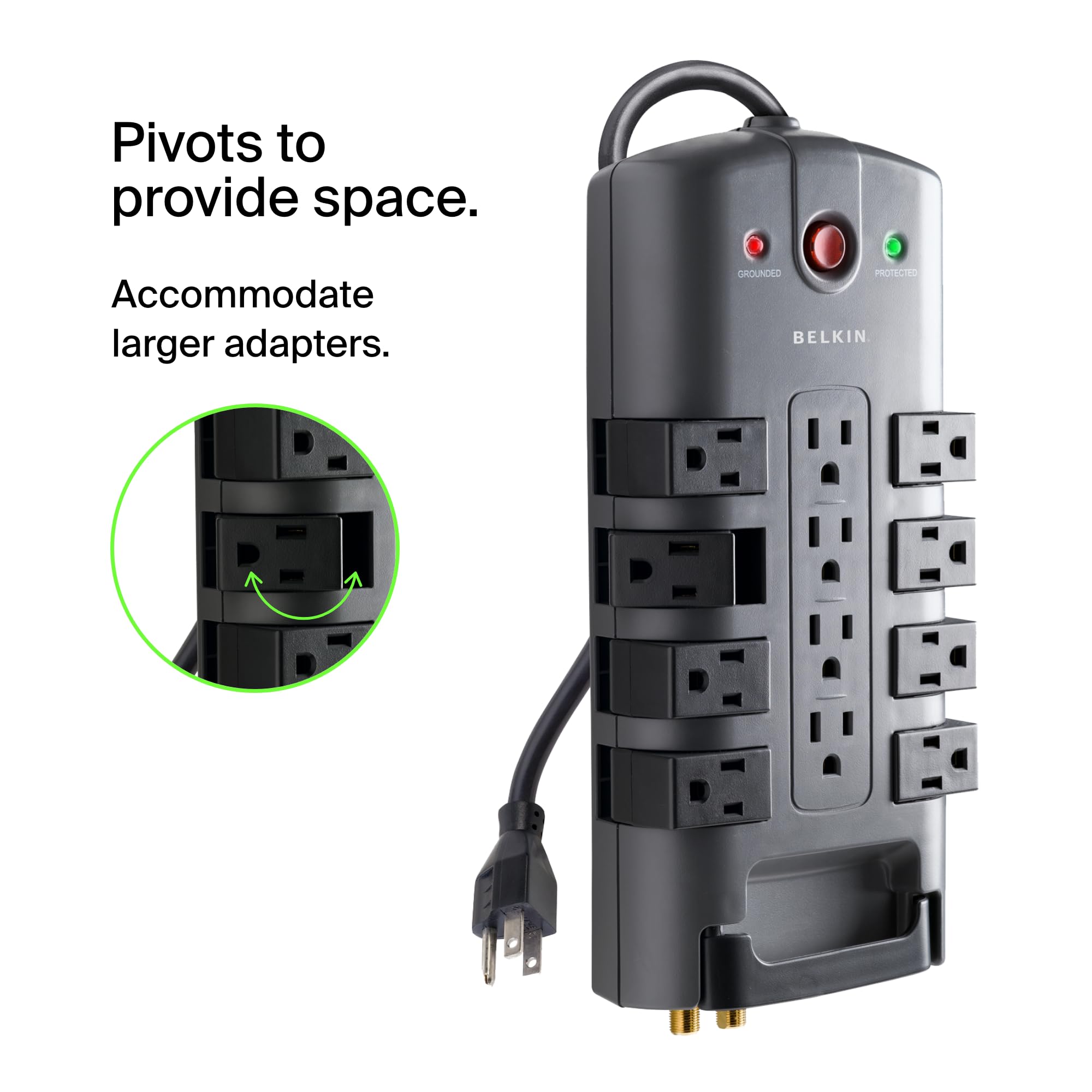 Belkin Surge Protector Power Strip w/ 8 Rotating & 4 Standard Outlets - 8ft Sturdy Extension Cord w/ Flat Pivot Plug for Home, Office, Travel, Desktop & Charging Brick - 4320 Joules of Protection