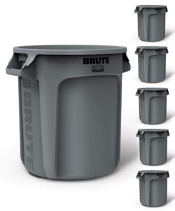 rubbermaid commercial products brute heavy-duty trash/garbage can, 10-gallon, gray, wastebasket for home/garage/bathroom/outdoor/driveway, pack of 6