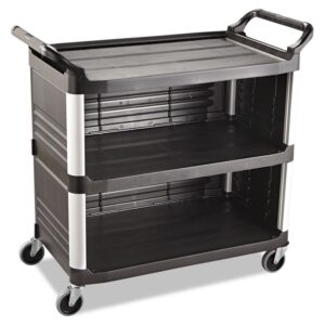 rubbermaid commercial products xtra utility cart with wheels, 300-pound capacity, 20w x 40-5/8d x 37-4/5h, black, three shelf cart for kitchen/restaurant/cafeteria/school/storage