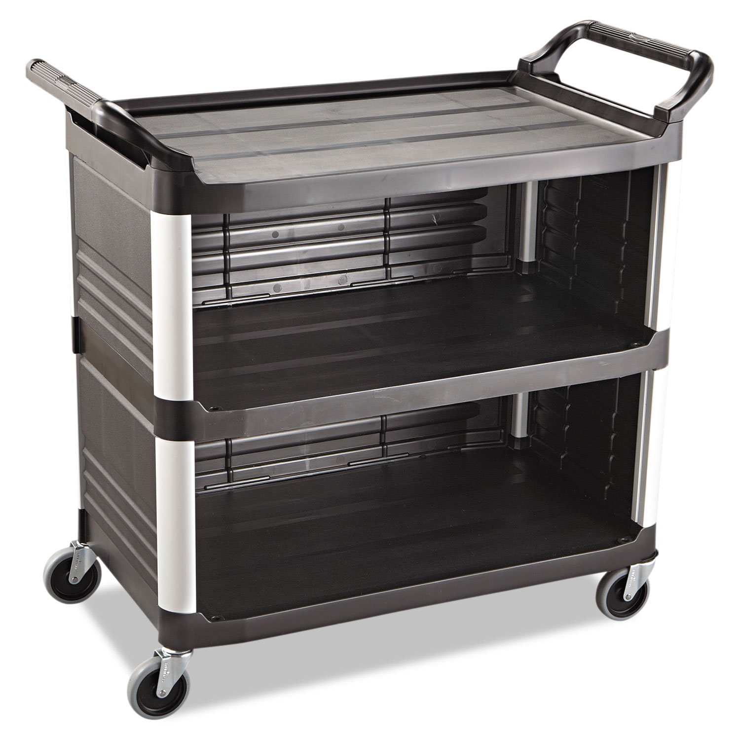 Rubbermaid Commercial Products Xtra Utility Cart with Wheels, 300-Pound Capacity, 20w x 40-5/8d x 37-4/5h, Black, Three Shelf Cart for Kitchen/Restaurant/Cafeteria/School/Storage