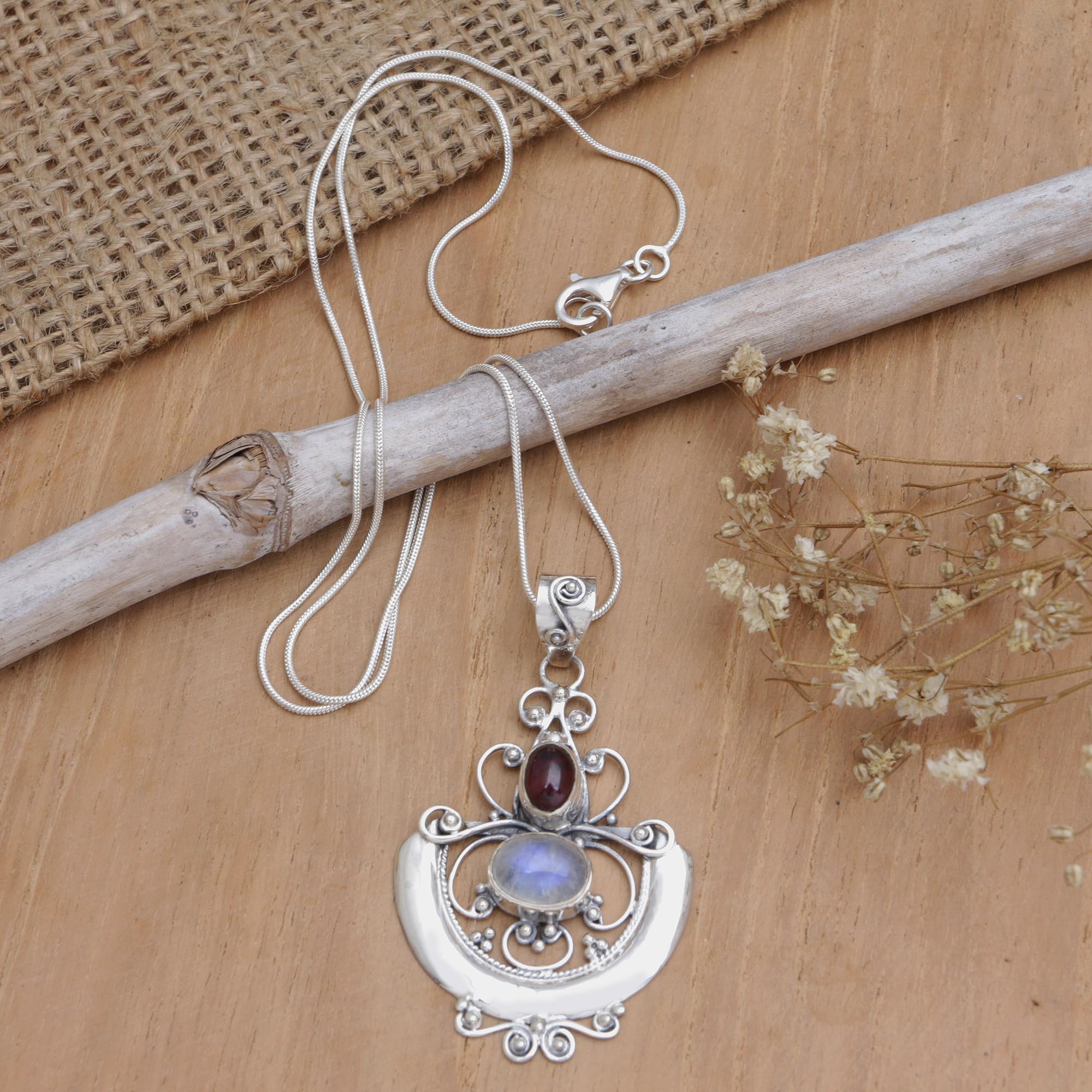 NOVICA Artisan Handcrafted Rainbow Moonstone Pendant Necklace | .925 Sterling Silver Birthstone Necklace | Garnet Pendant Necklace | Teardrop Pendant Necklace | Handmade Pendant Necklace