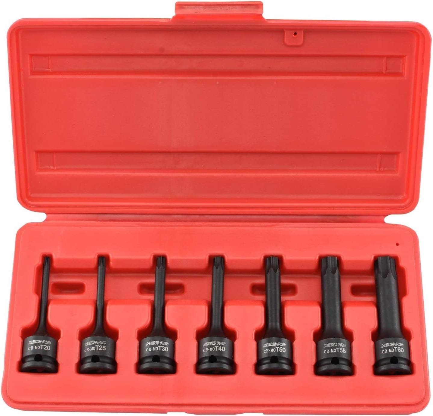 NEIKO 01132B 3/8” Drive Torx Star Driver Bit Socket Set | 7 Piece | T20 to T60 | 3” Length | Cr-Mo Impact Grade