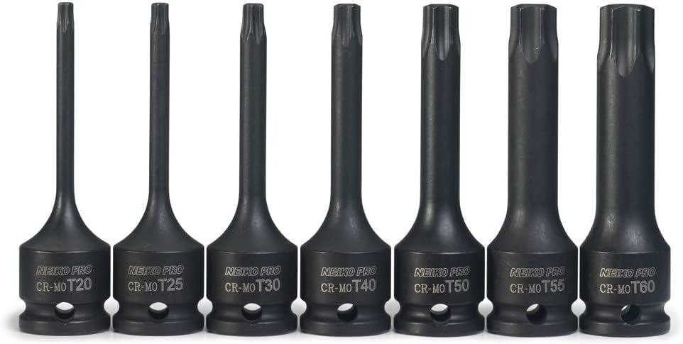 NEIKO 01132B 3/8” Drive Torx Star Driver Bit Socket Set | 7 Piece | T20 to T60 | 3” Length | Cr-Mo Impact Grade