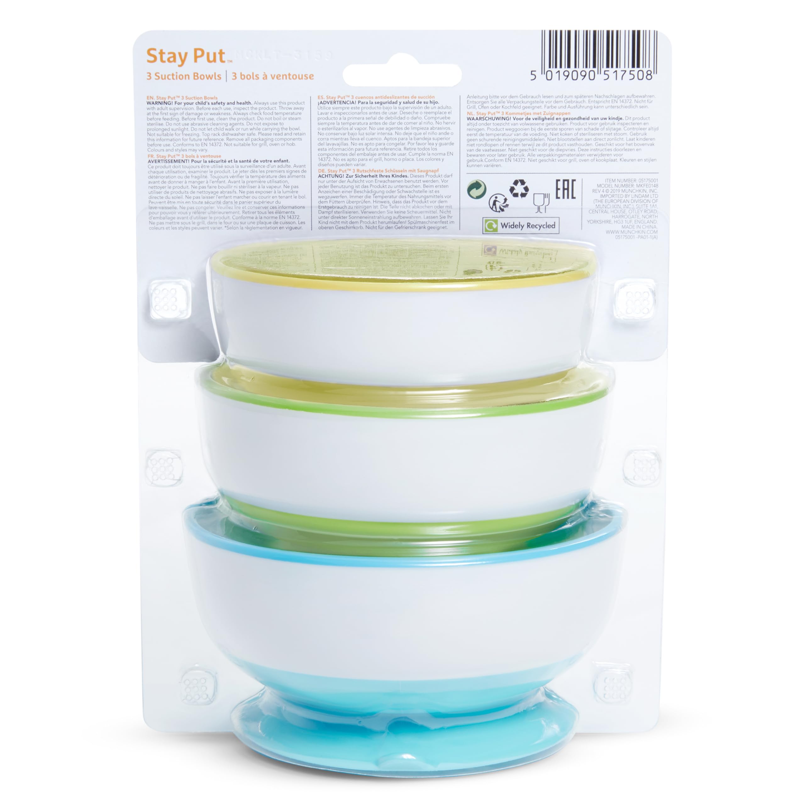 Munchkin® Stay Put™ Suction Bowls for Babies and Toddlers, 3 Pack, Blue/Green/Yellow