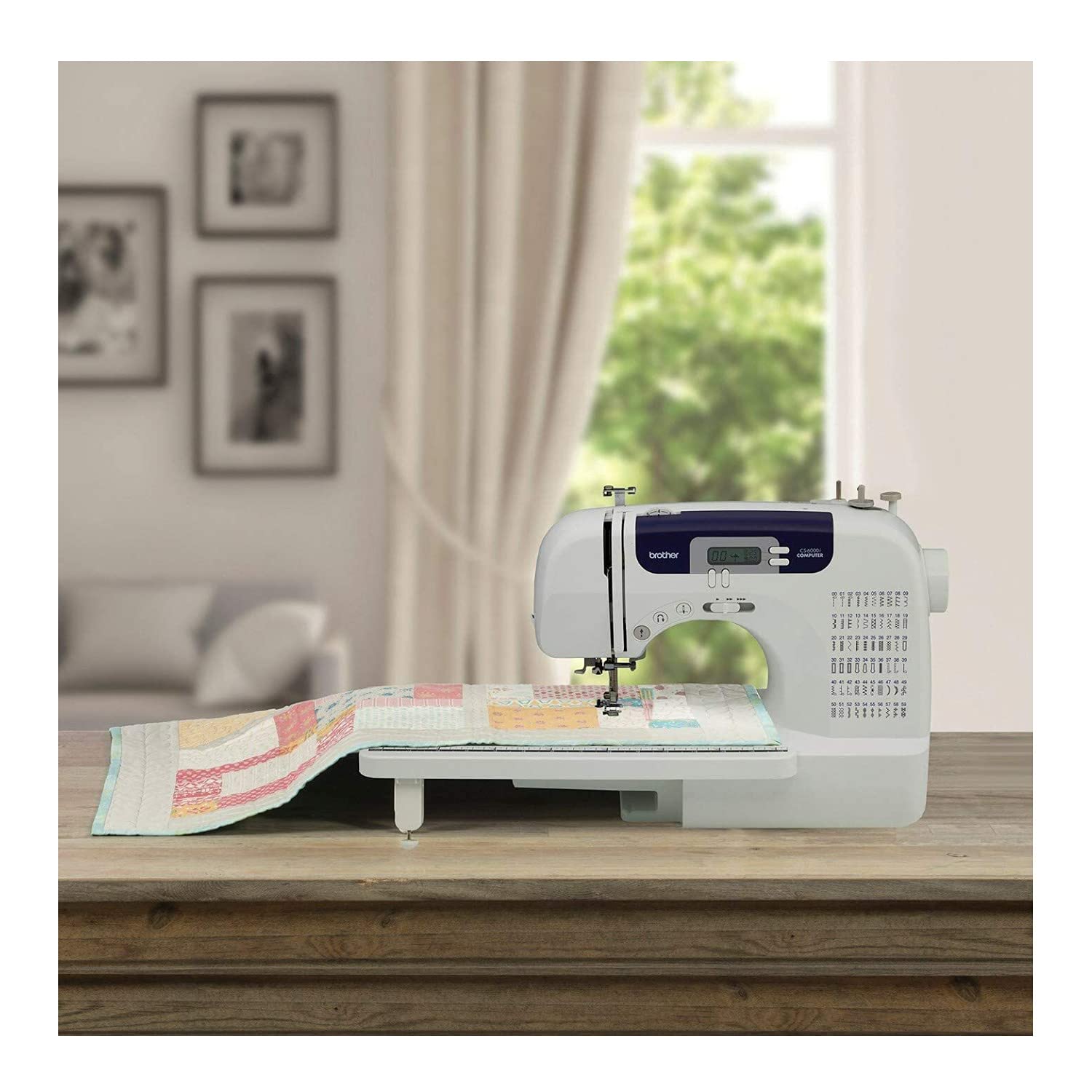 Brother Sewing and Quilting Machine, CS6000i, 60 Built-in Stitches, 2.0" LCD Display, Wide Table, 9 Included Sewing Feet, Beige/Blue