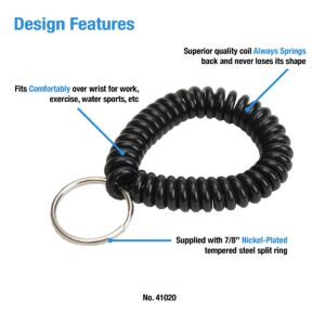 Lucky Line 2” Spiral Wrist Coil with Steel Key Ring, Multi-Color Flexible Wrist Band Key Chain Bracelet, Stretches to 12”, Black, 10 PK (41020)