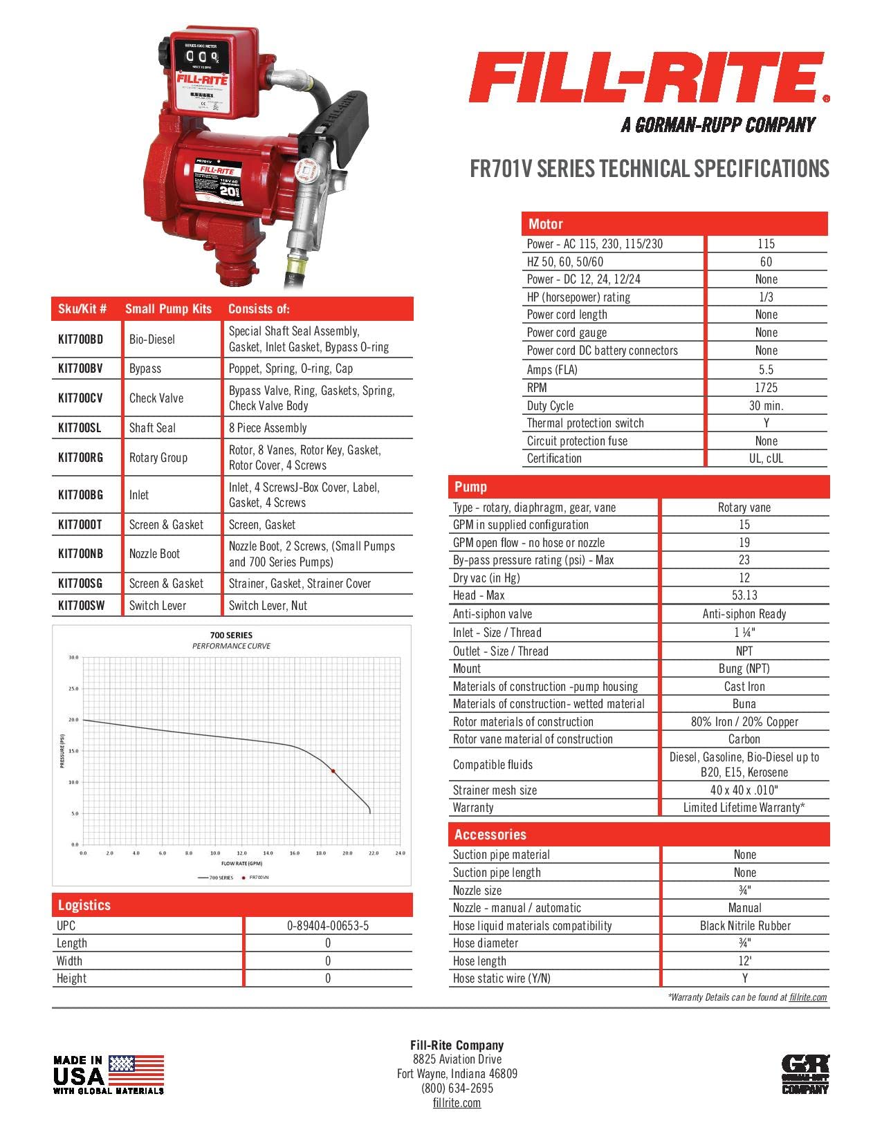 Fill-Rite FR701V 115V 20 GPM Fuel Transfer Pump With Standard Mechanical Meter Package, Gallons - For Gasoline, Diesel, Kerosene, Ethanol Blends, Methanol Blends & Biodiesel up to B20