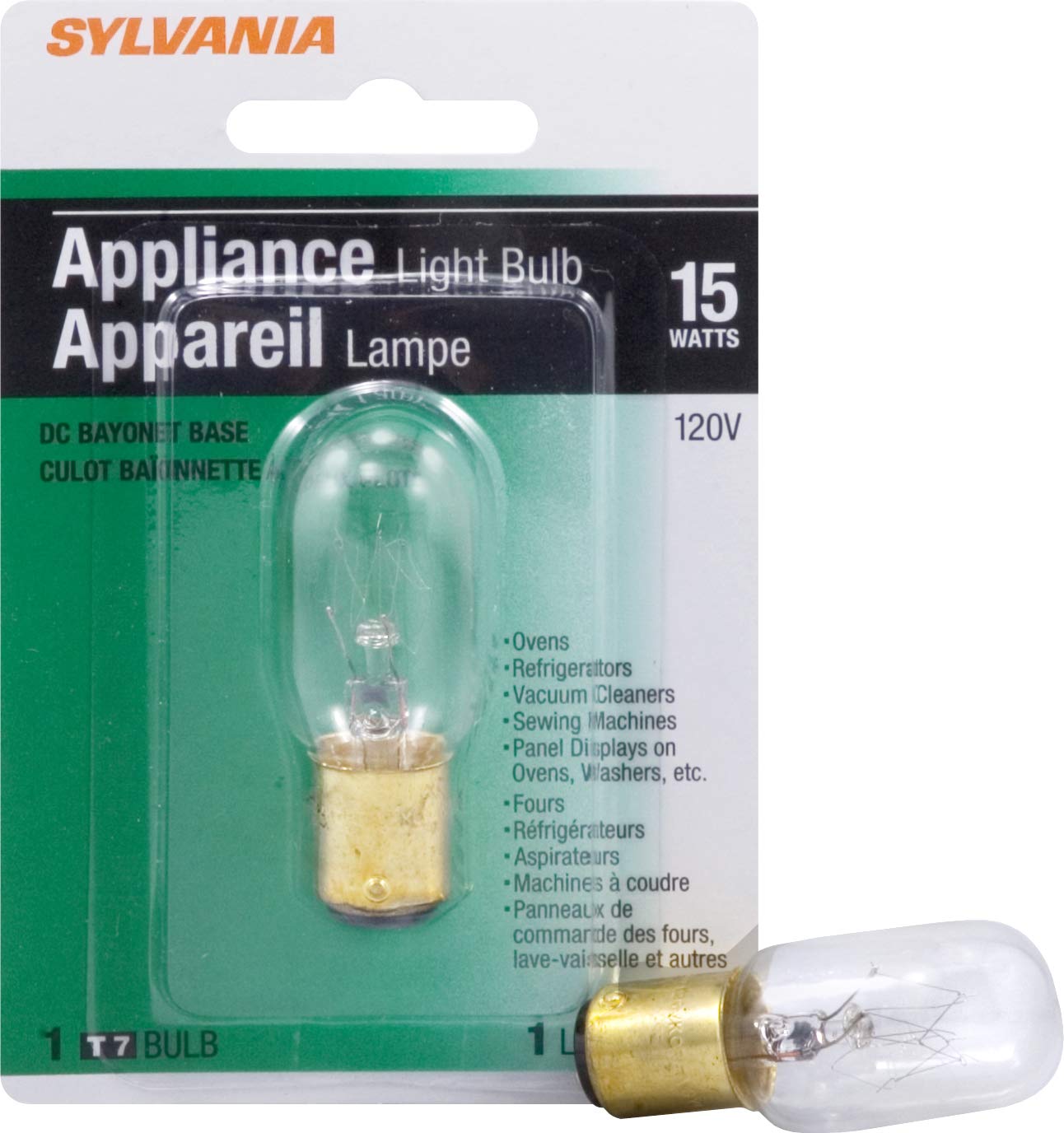 SYLVANIA Incandescent Appliance Light Bulb, 15W, T7, 110 Lumens, 120 Volts, Double Contact, Bayonet Base, Clear Finish (18200), Warm White, 1 Count (Pack of 1)