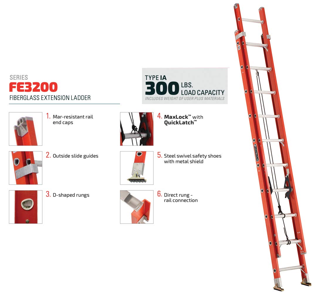 Louisville Ladder FE3216 Foot Extension Ladder, 16 ft, Orange