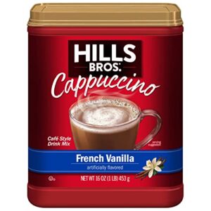 hills bros. instant cappuccino mix, french vanilla - easy to use, enjoy coffeehouse flavor from home – decadent cappuccino with a hint of sweetness and vanilla in light coffee, 16 ounce (pack of 6)