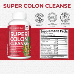 Health Plus Super Colon Cleanse 10 Day Gentle Gut Cleanse Detox, Psyllium Husk, Probiotics for Constipation Relief & Digestive Support, 240 Capsules