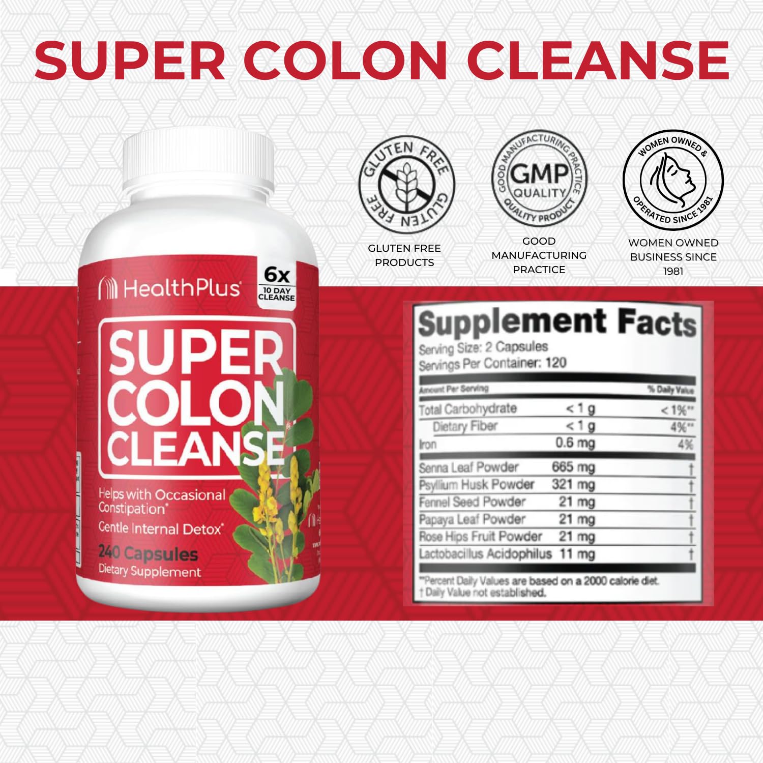 Health Plus Super Colon Cleanse 10 Day Gentle Gut Cleanse Detox, Psyllium Husk, Probiotics for Constipation Relief & Digestive Support, 240 Capsules