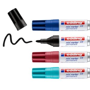 edding 0.5 mini permanent marker - black, blue, turquoise, red - 4 pens - fine round nib 1 mm - waterproof, quick-drying - smudge-proof - mini marker for cardboard, plastic, wood, metal