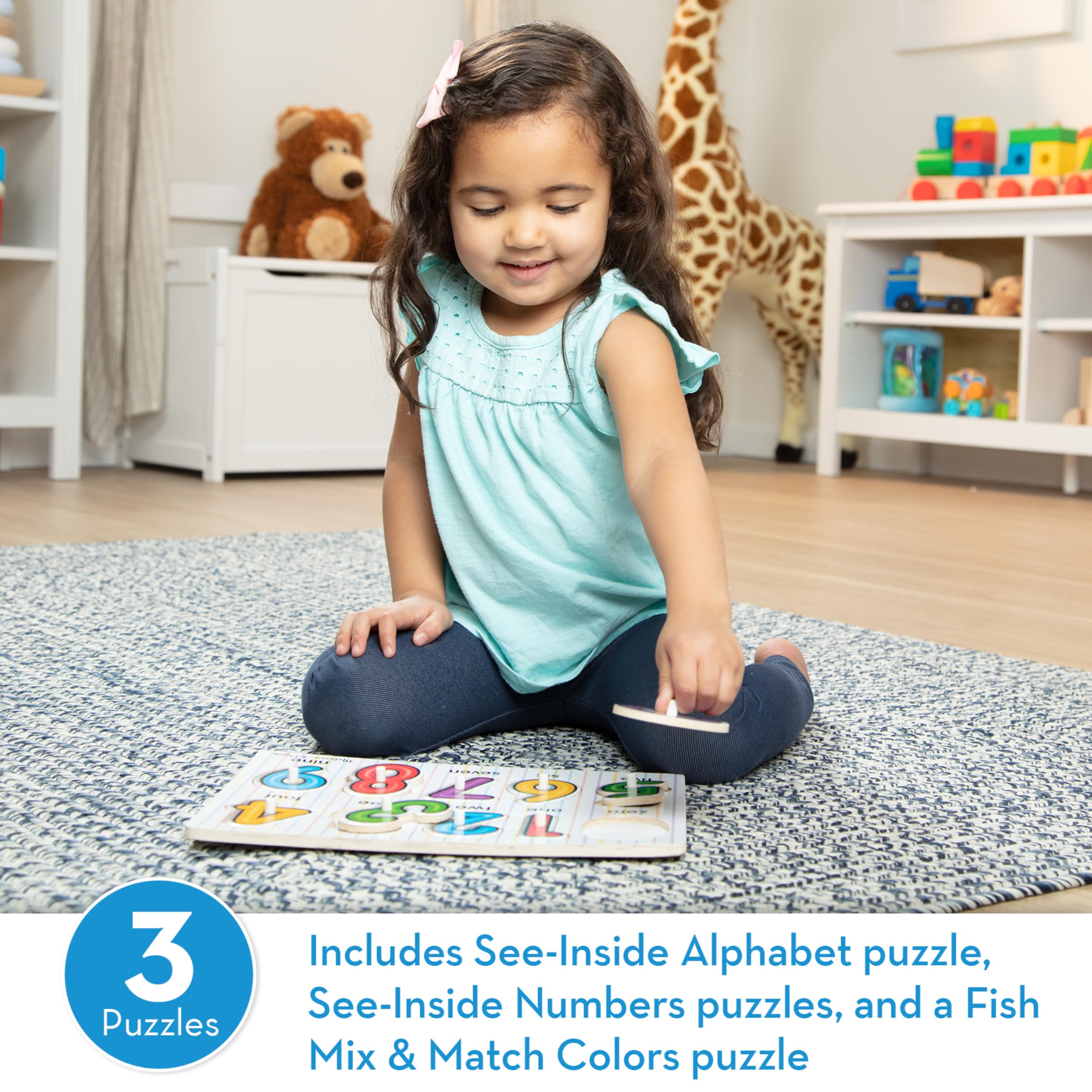 Melissa & Doug Classic Wooden Peg Puzzles (Set of 3) - Numbers, Alphabet, and Colors - Toddler Learning Toys, Alphabet And Numbers Puzzles For Kids Ages 3+