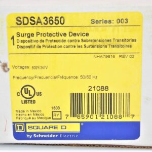 SCHNEIDER ELECTRIC Load Center 3Ph Secondary Surge Arrestor SDSA3650 SPD T1 Sdsa 40Ka 600V Max 3P4W, Black