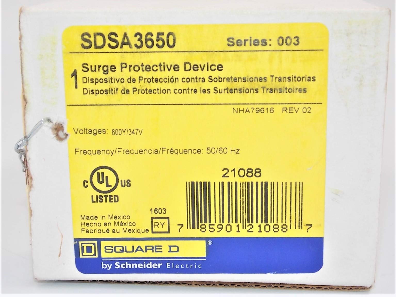 SCHNEIDER ELECTRIC Load Center 3Ph Secondary Surge Arrestor SDSA3650 SPD T1 Sdsa 40Ka 600V Max 3P4W, Black