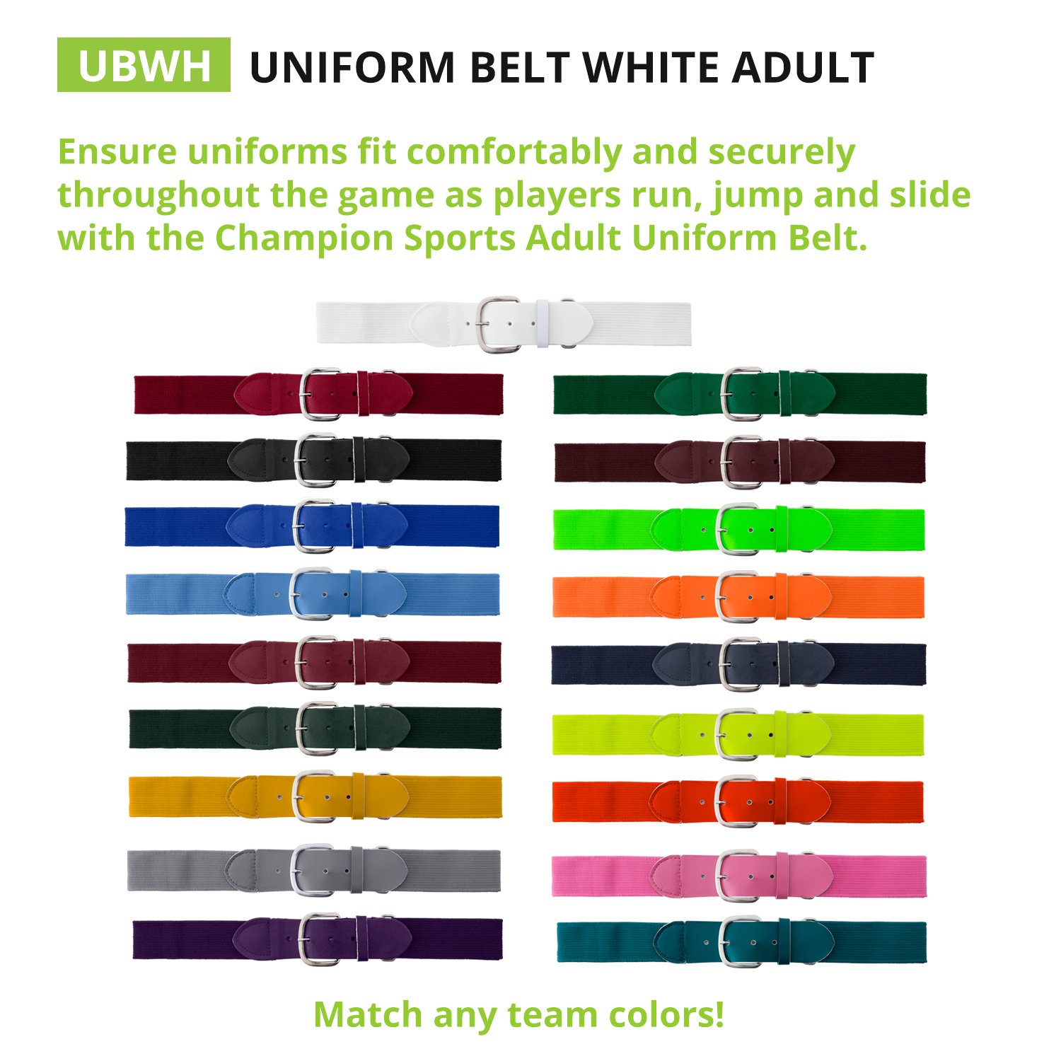 Champion Sports Baseball/Softball Uniform Belt - Comfort Stretch Fit Uniform Belt - Durable Syntex Tab - Youth: 18"-32" - White