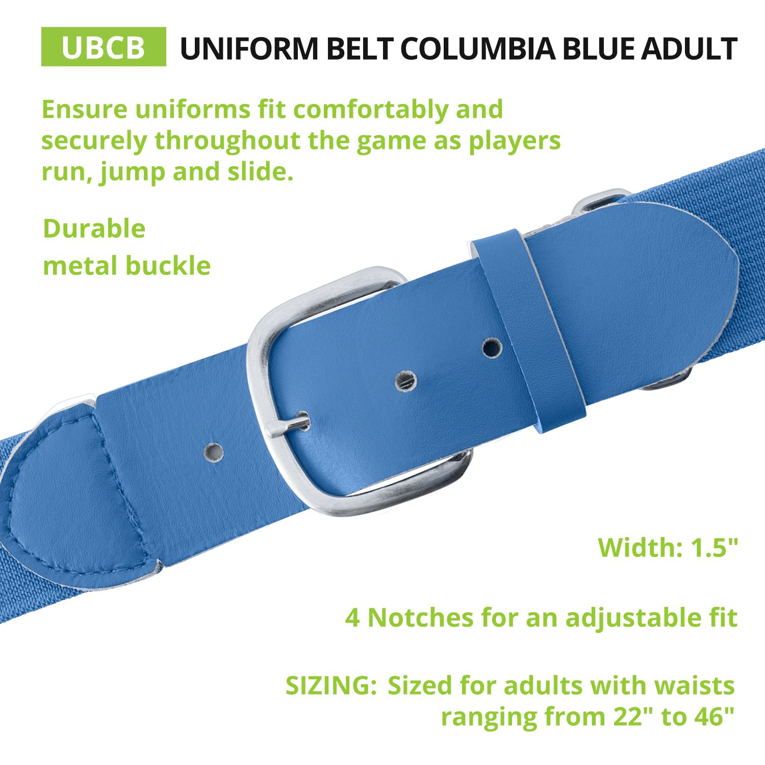 Champion Sports Baseball/Softball Uniform Belt - Comfort Stretch Fit Uniform Belt - Durable Syntex Tab - Adult: 22"-46" - Columbia Blue