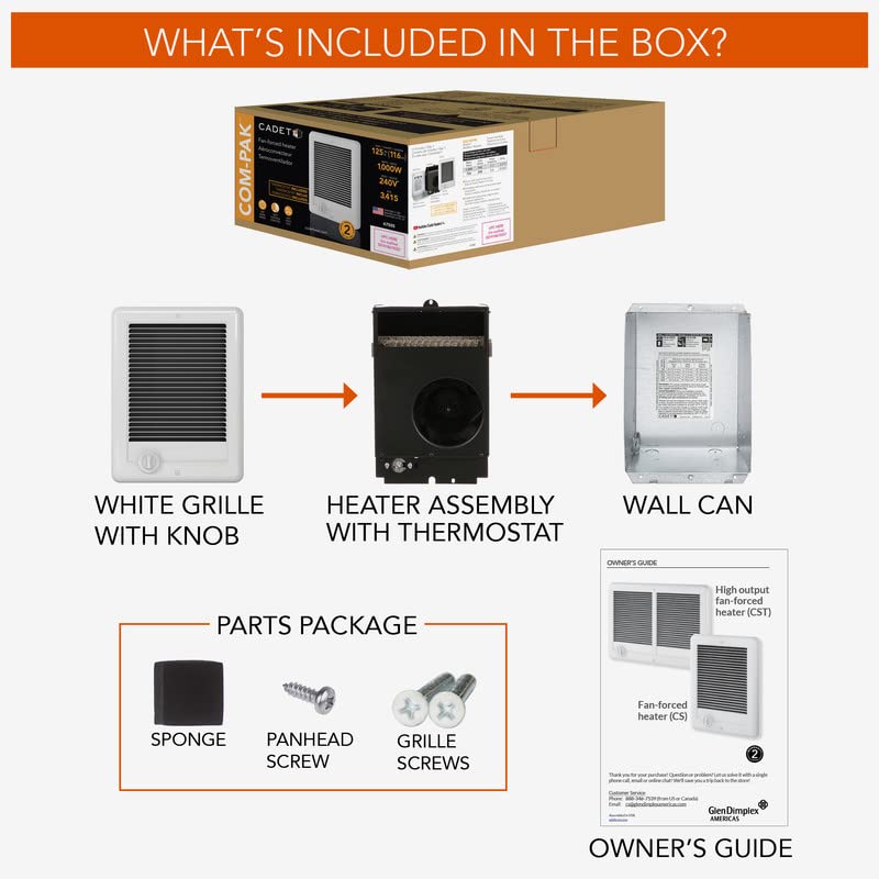 Cadet Com-Pak Electric Wall Heater Complete Unit with Thermostat (Model: CSC101TW, Part: 67508), 3412 BTU, 120 Volt, 1000 Watt, White