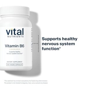 Vital Nutrients Vitamin B6 | Vegan Methylated B6 Vitamins for Nervous System, Muscle, Bone Health* | High-Potency Vitamin B6 for Menstrual Discomfort * | Gluten, Dairy, Soy Free | 100 Capsules