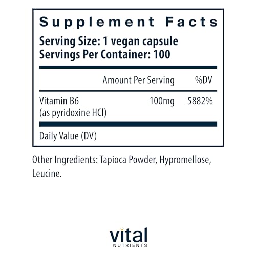 Vital Nutrients Vitamin B6 | Vegan Methylated B6 Vitamins for Nervous System, Muscle, Bone Health* | High-Potency Vitamin B6 for Menstrual Discomfort * | Gluten, Dairy, Soy Free | 100 Capsules