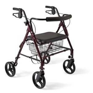 medline heavy duty rollator walker with seat, bariatric aluminum rolling walker supports up to 400 lbs, burgundy