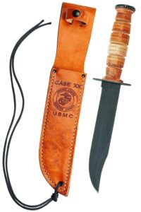 case military 00334 usmc knife with fixed 1095 carbon blade genuine leather sheath genuine leather handle,brown usmc