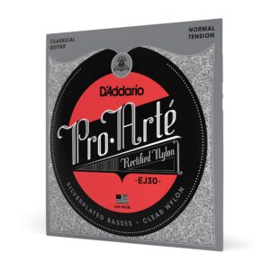 d'addario guitar strings - pro-arte classical guitar strings - ej30 nylon guitar strings - silver plated wrap, nylon core, rectified nylon trebles - normal tension