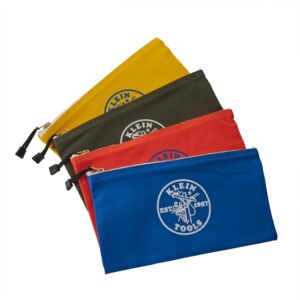 Klein Tools 5140 Canvas Zipper Bag, Tool Pouch, Tool Bag, Utility Bag, Bank Deposit Bag, 12.5 x 7-Inch, Olive/Orange/Blue/Yellow 4-Pack