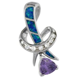 sterling silver synthetic opal pendant for women hand inlay amethyst cz 8 mm trillium 1 3/16 inch tall