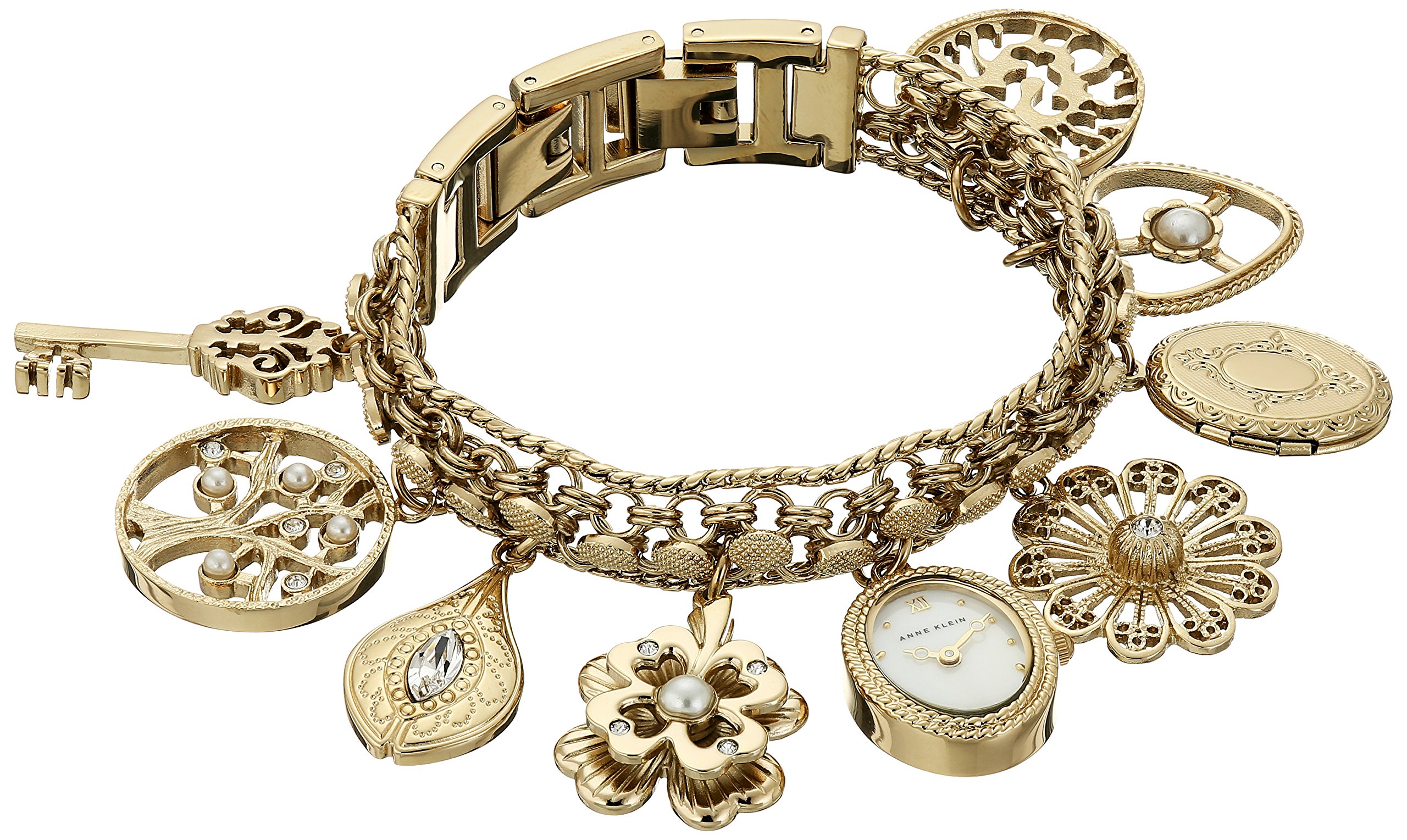 Anne Klein Women's 10-8096CHRM Premium Crystal Accented Gold-Tone Charm Bracelet Watch