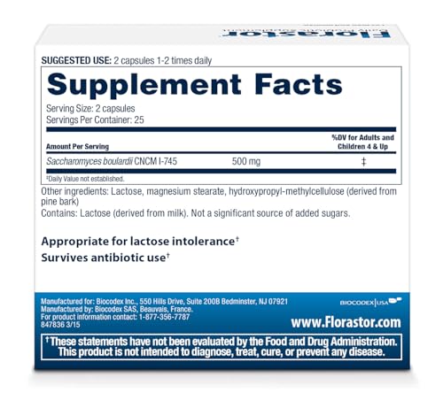 Florastor Daily Probiotic Supplement for Women and Men, Proven to Support Digestive Health, Saccharomyces Boulardii CNCM I-745 (50 Capsules)