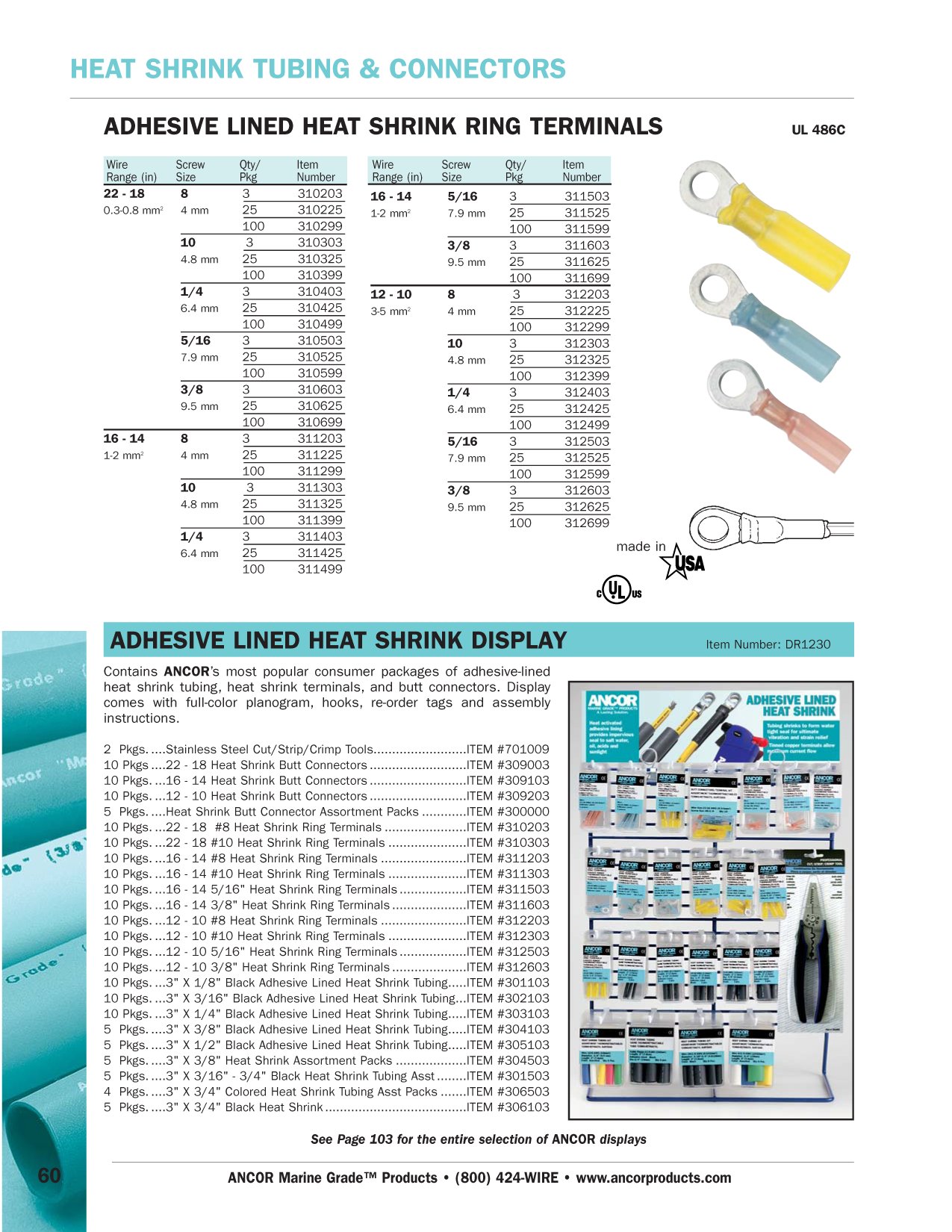 Ancor 312525 Marine Grade Electrical Nylon Insulated Adhesive Lined Heat Shrink Ring Terminals (12 to 10-Gauge, Size 5/16 Screw, 25-Pack)