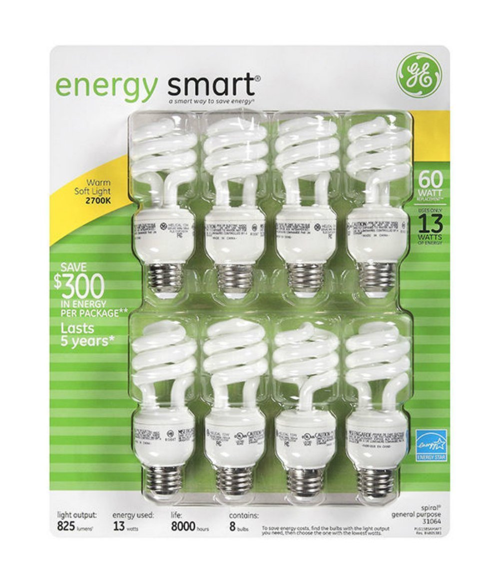 GE 13-Watt Energy Smart Fluorescent Light Bulbs, 8 Pack, 60 Watt Replacement