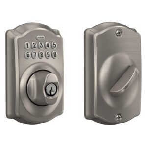 schlage be365 v cam 619 camelot keypad deadbolt, electronic keyless entry lock, satin nickel